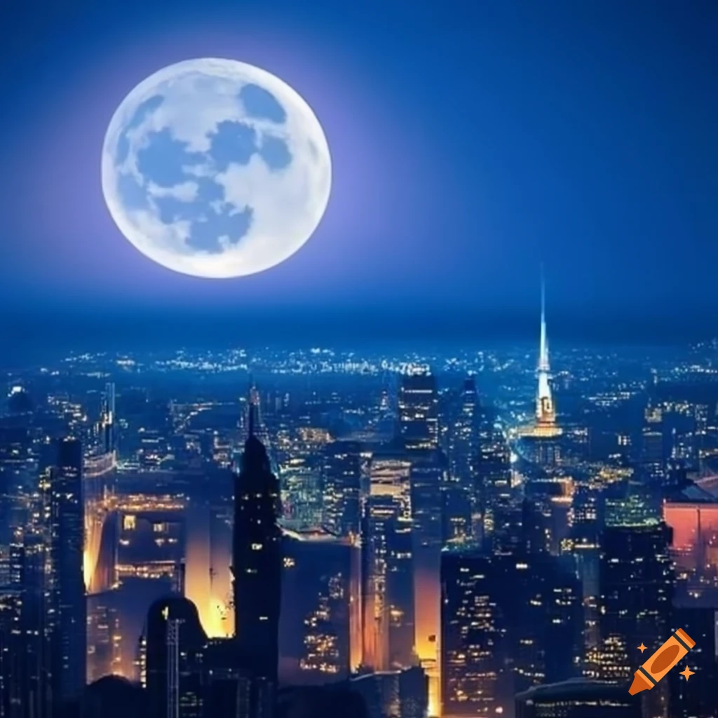 City skyline illuminated by moonlight on Craiyon