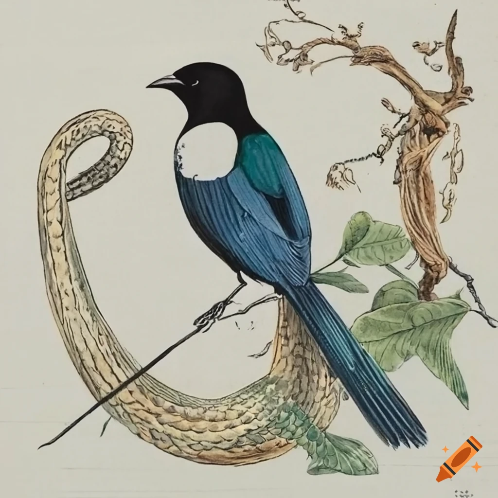 Chinese watercolor of an azure-winged magpie with a big snake in a ...