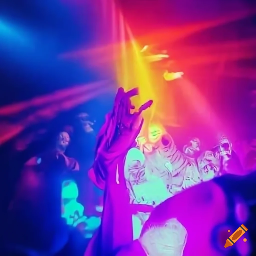 Orbital performing techno music in a neon rave scene on Craiyon