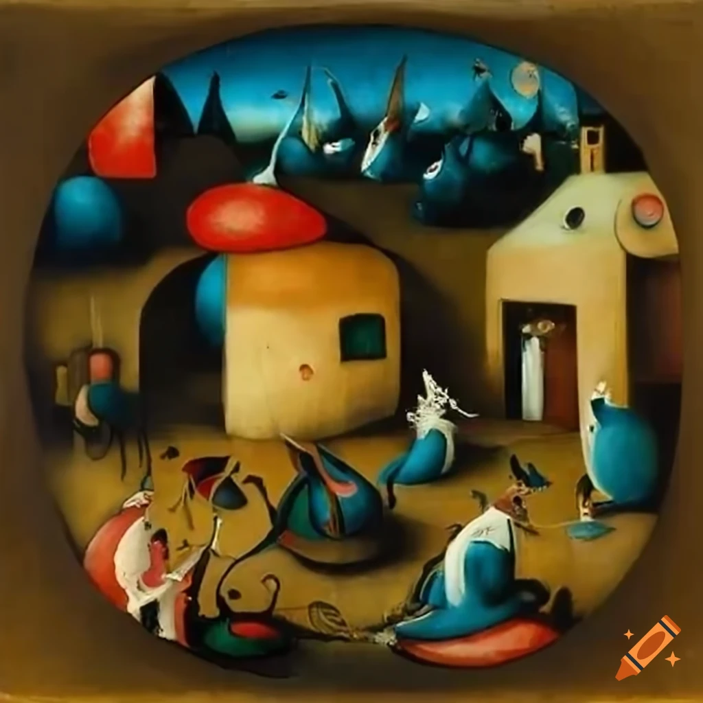 Village scene inspired by hieronymus bosch and joan miro, artistic ...