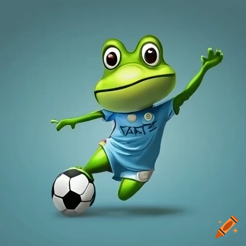 Cartoon frog playing soccer in a manchester city jersey on Craiyon