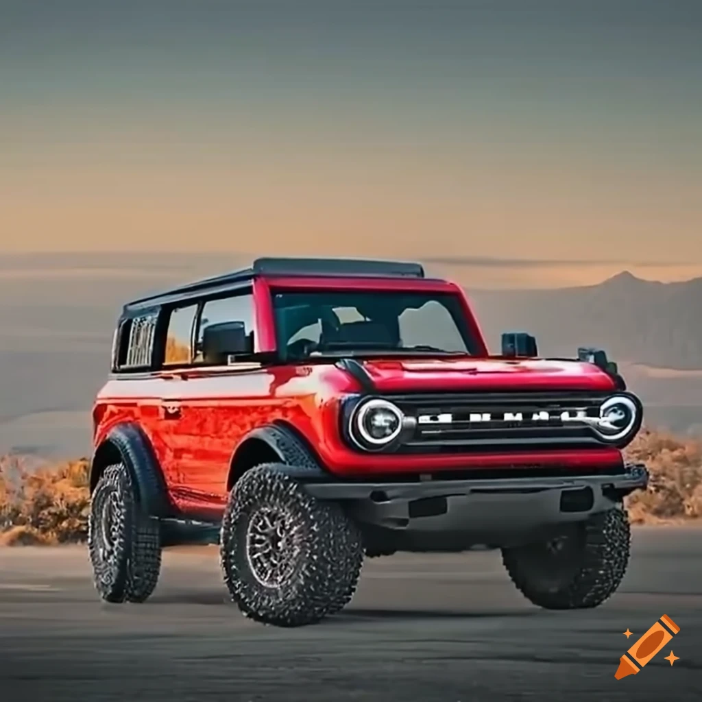 Red ford bronco driving on a scenic mountain road on Craiyon