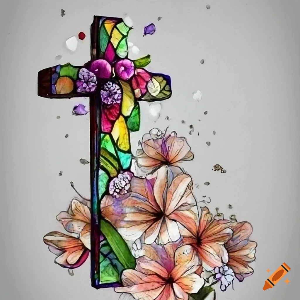 Colored pencil stained glass easter cross with flowers on Craiyon