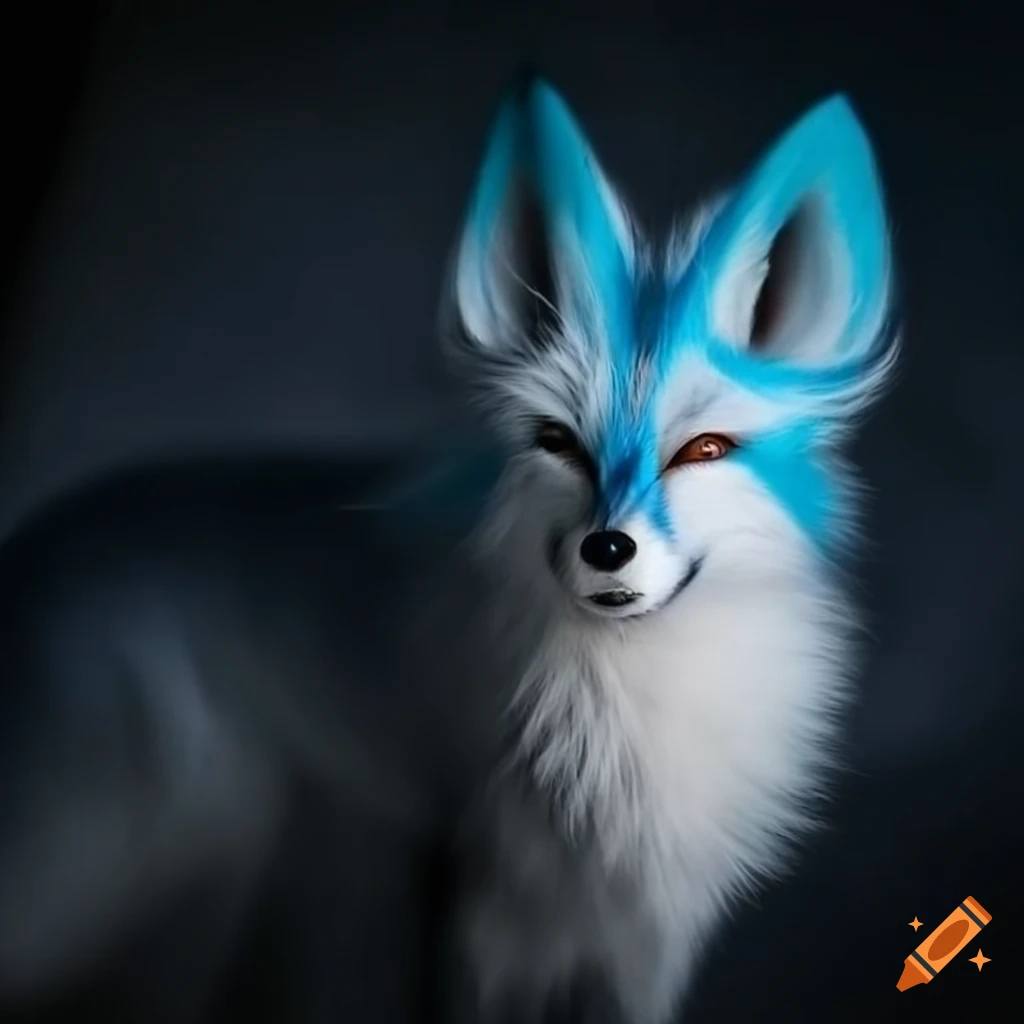 Mystical kitsune fox in white, blue, and black colors on Craiyon