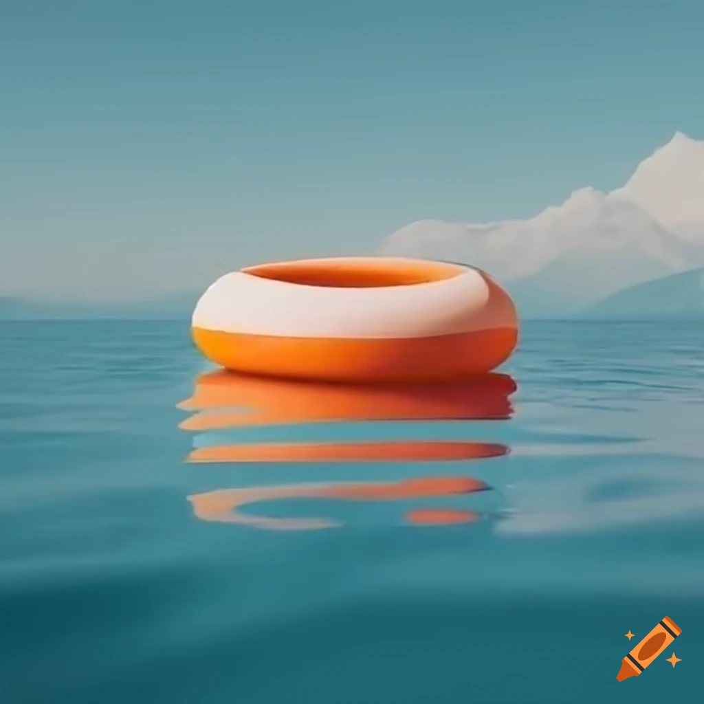 White and orange inflatable buoy floating in the ocean with distant ...