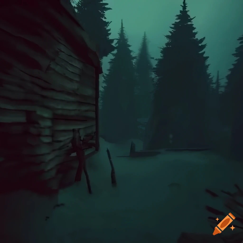 Dark ambient scene with abandoned cabin in retro PlayStation graphics ...