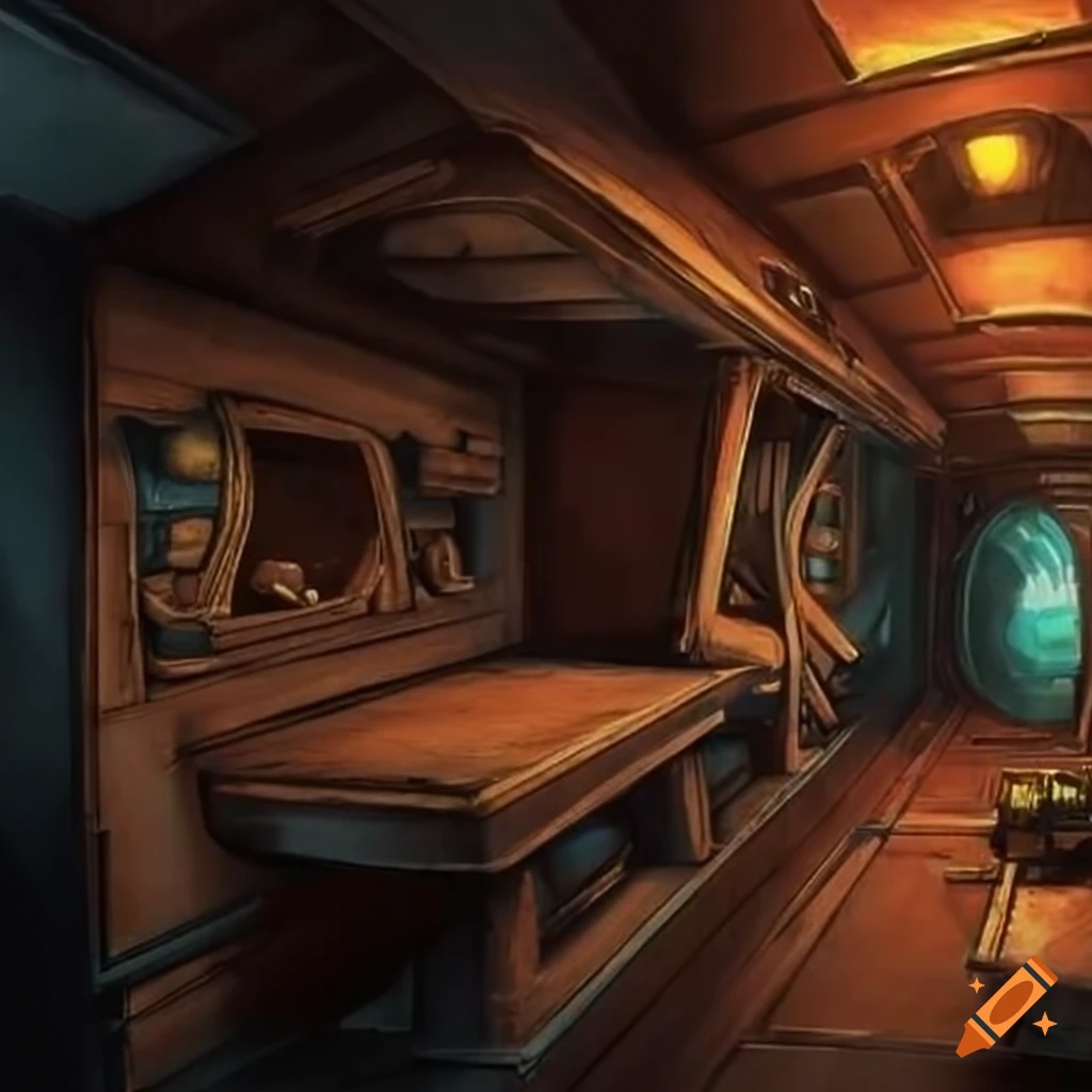 Dieselpunk style modern ship sailors bunk interior on Craiyon
