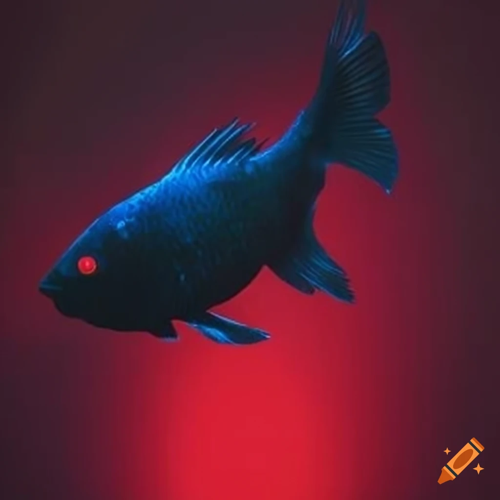 Black fish cardboard cut out with glowing red laser eyes on Craiyon