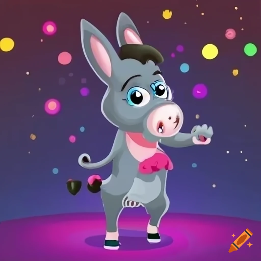 Adorable cartoon donkey dancing in disco with cool outfit on Craiyon