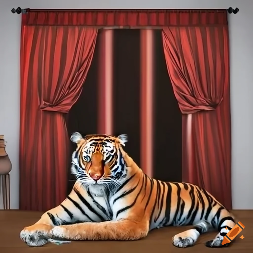 Realistic tiger in a living room with red curtains on Craiyon