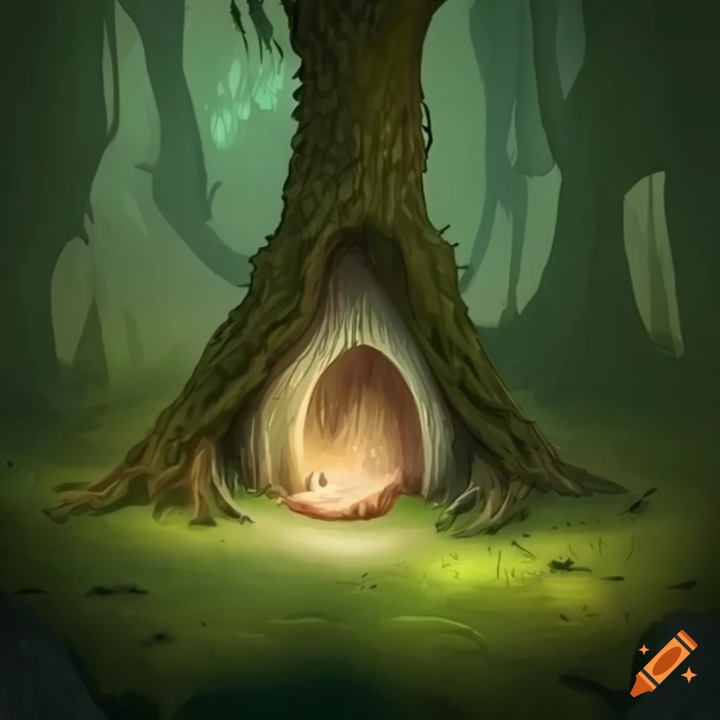 Fey wild forest with a central tree and burrow on Craiyon