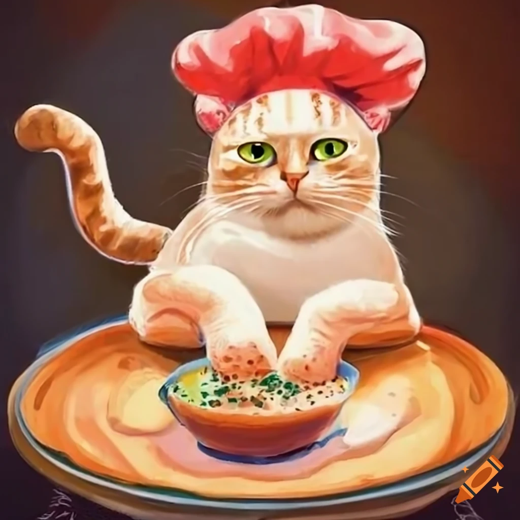 Adorable cat baking with puns in a chef's hat on Craiyon