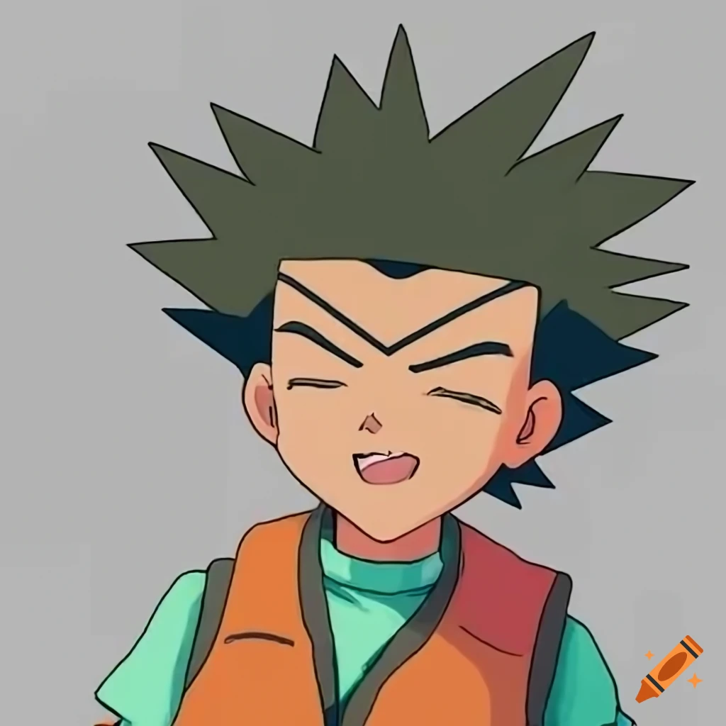 Brock from pokemon in orange vest over green shirt on Craiyon