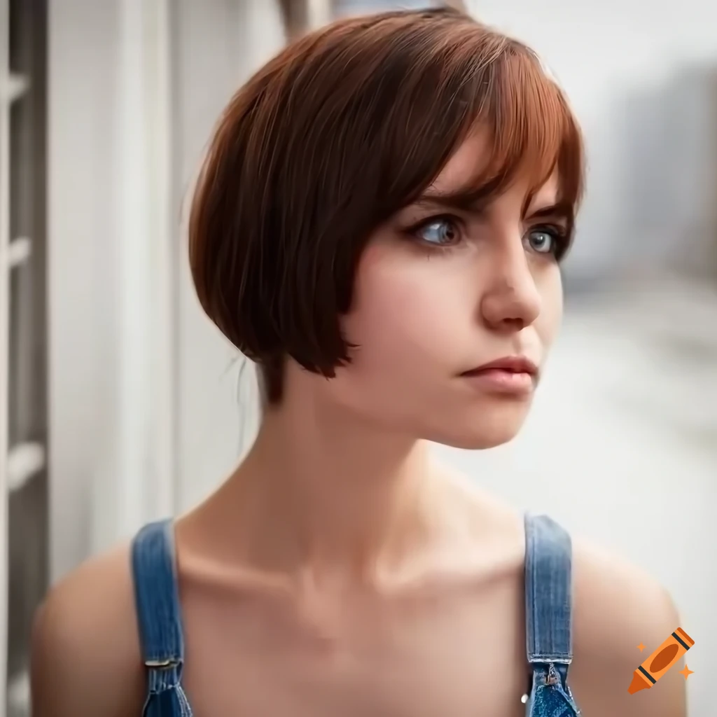 Portrait of a pensive 28-year-old with dark auburn messy bob hairstyle ...