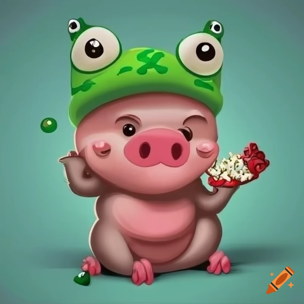 Adorable cartoon pig in a frog hat eating popcorn on Craiyon