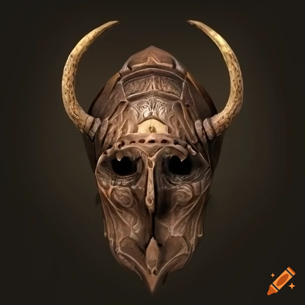 Impenetrable helm with curved horns and dark slits for eyes on Craiyon