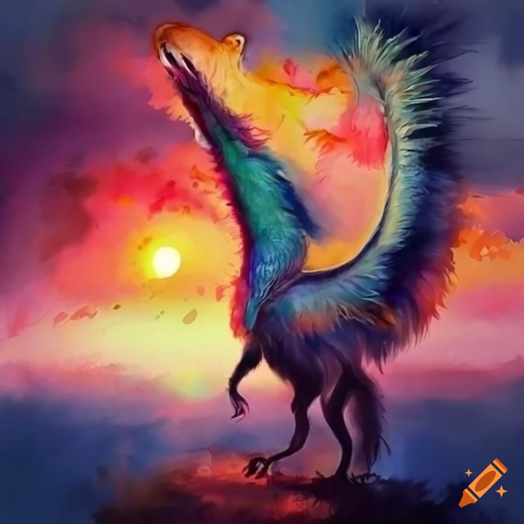 Majestic half wolf half bird creature flying in a watercolor sunset on ...