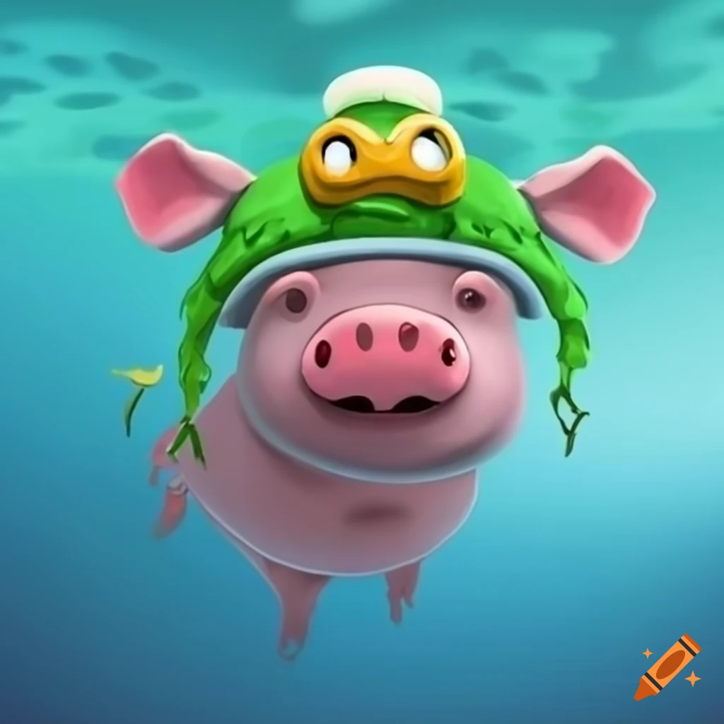 Adorable cartoon pig wearing a frog hat swimming on Craiyon