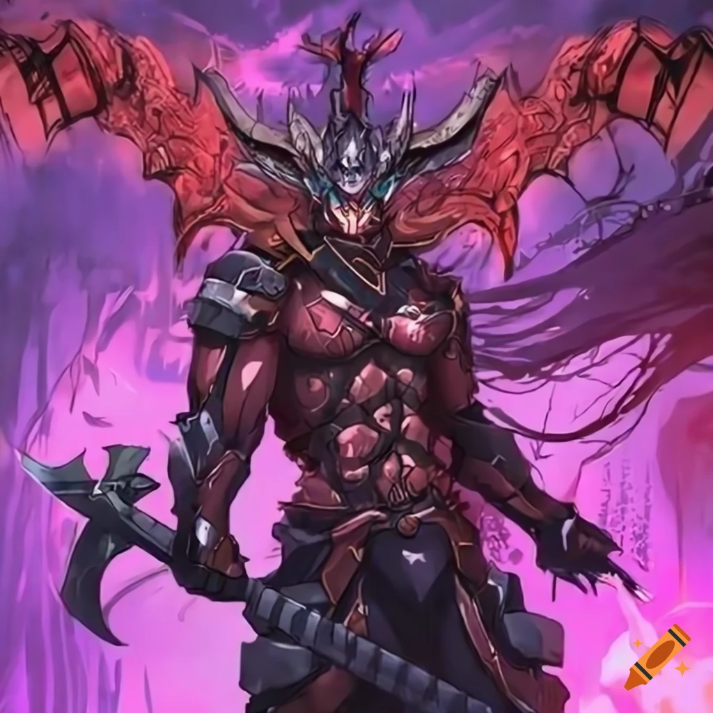 Powerful anime demon leader in battle suit with axe under a sunrise on ...