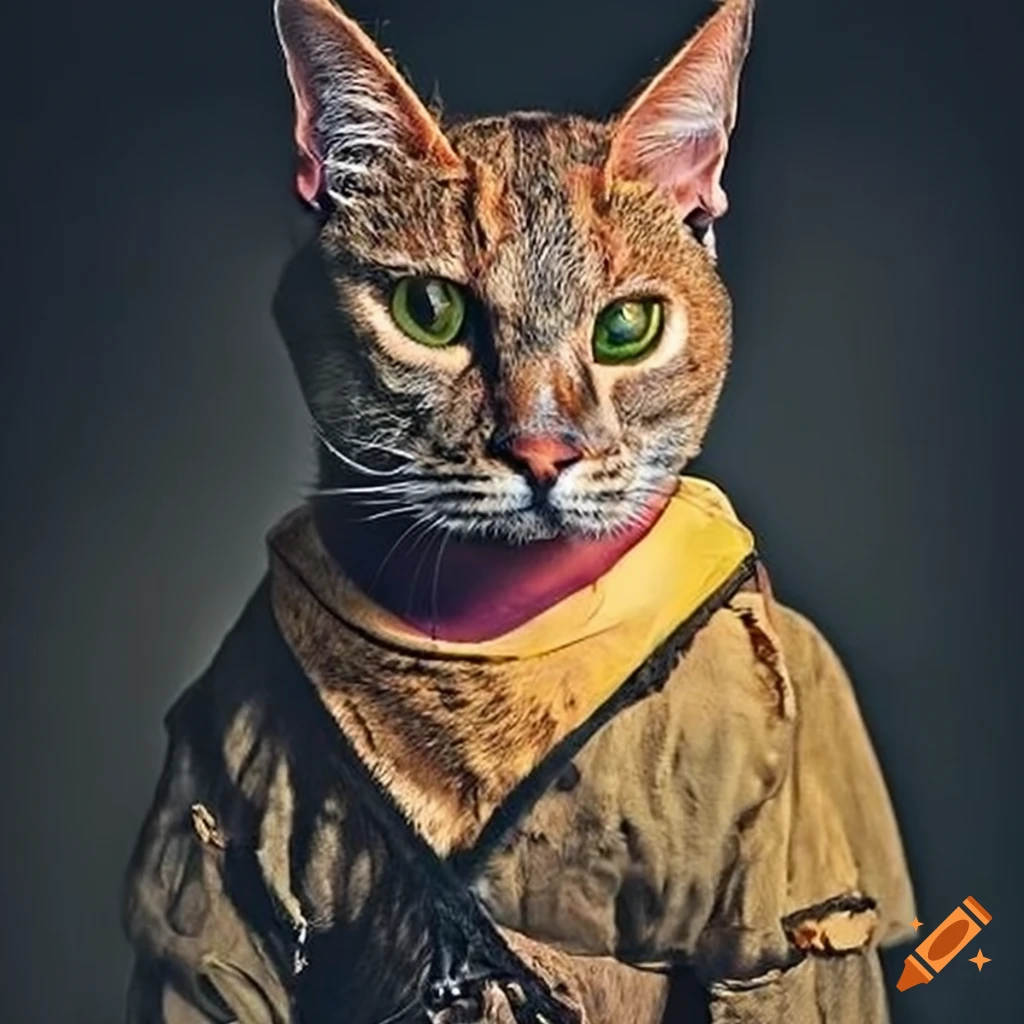 Wise and ancient anthropomorphic cat in safari gear on Craiyon