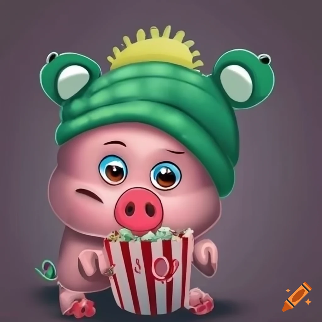 Cartoon pig in frog hat eating popcorn on Craiyon