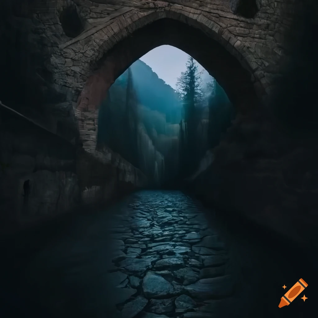 Narrow mountain passage under a medieval bridge with a creepy ...