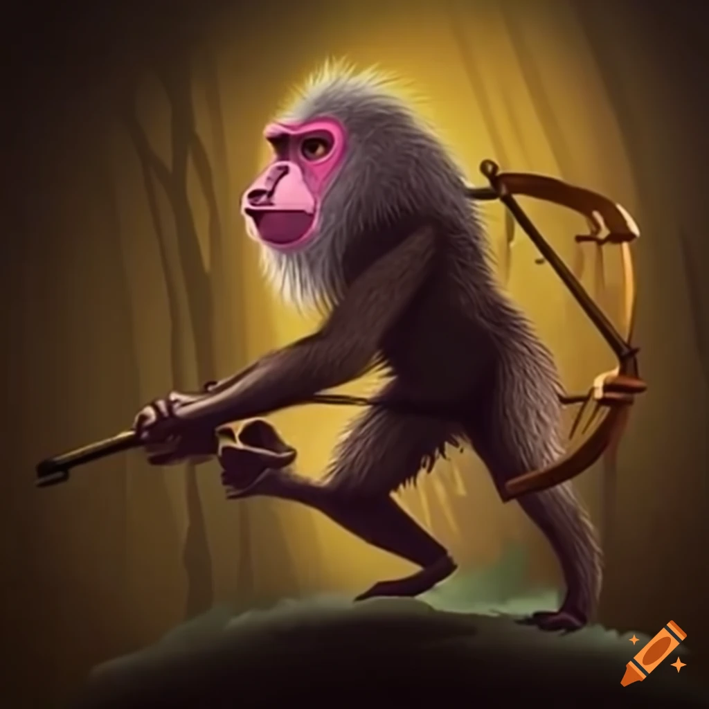 Fantasy baboon holding crossbow in a forest village on Craiyon