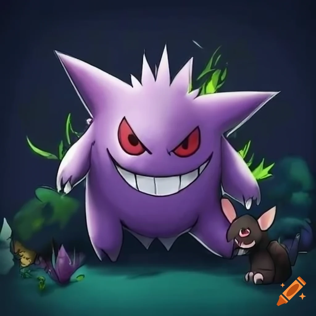 Playful pokemon gengar in a colorful garden on Craiyon