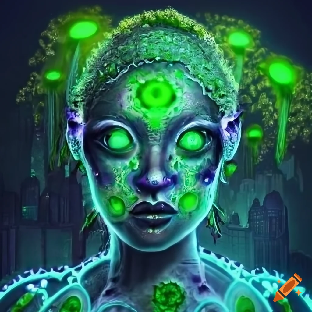 Glowing biopunk cityscape with plants, mushrooms, and mythical creature ...