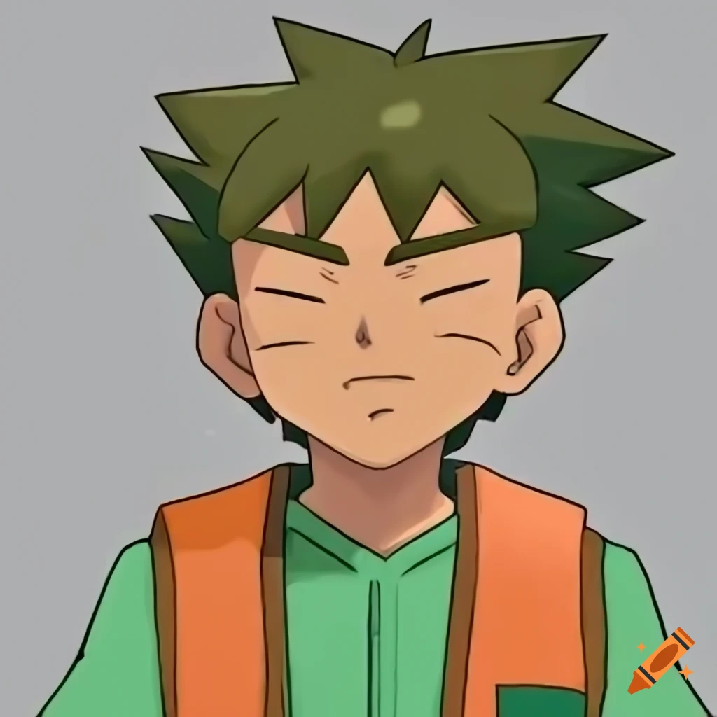 Brock from pokemon with eyes closed and orange vest over green shirt on ...
