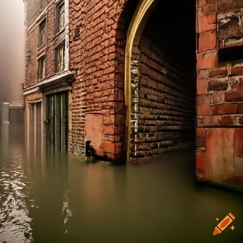 Close-up of flooded brick doorway with sinking buildings in ocean under ...