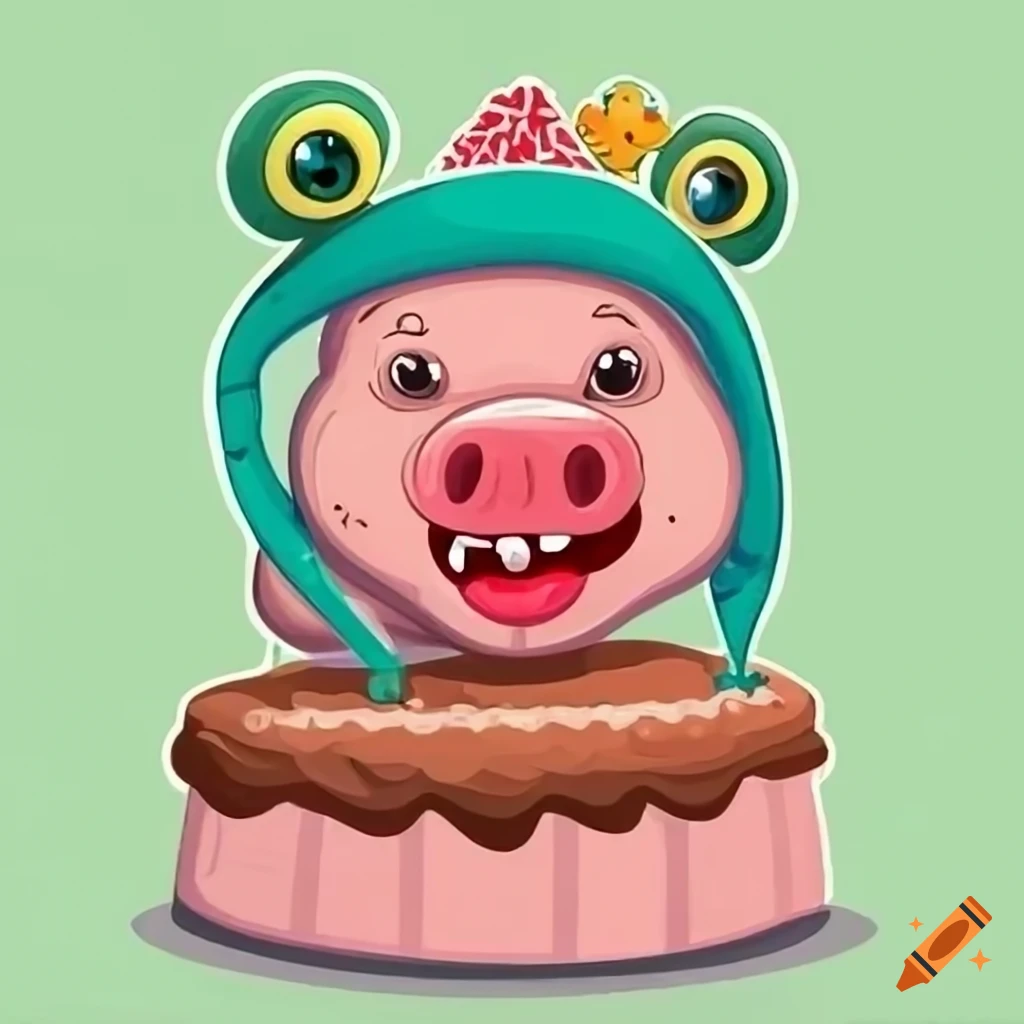 Cartoon pig with frog hat eating a cake on Craiyon