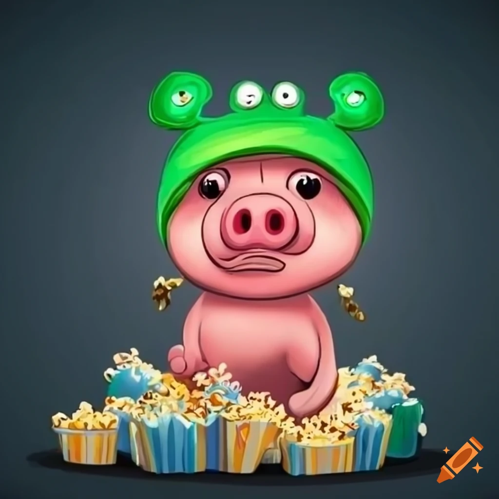 Cartoon pig in a frog hat eating popcorns on Craiyon