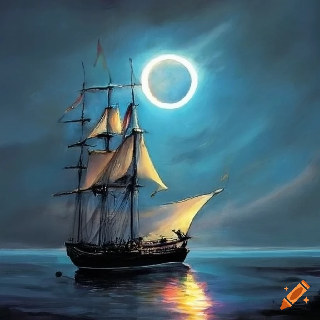 Tall ship sailing on the ocean during a solar eclipse on Craiyon