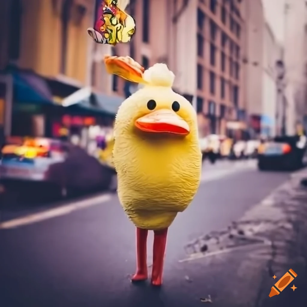 Person in duck costume with lolly pop in city street on Craiyon