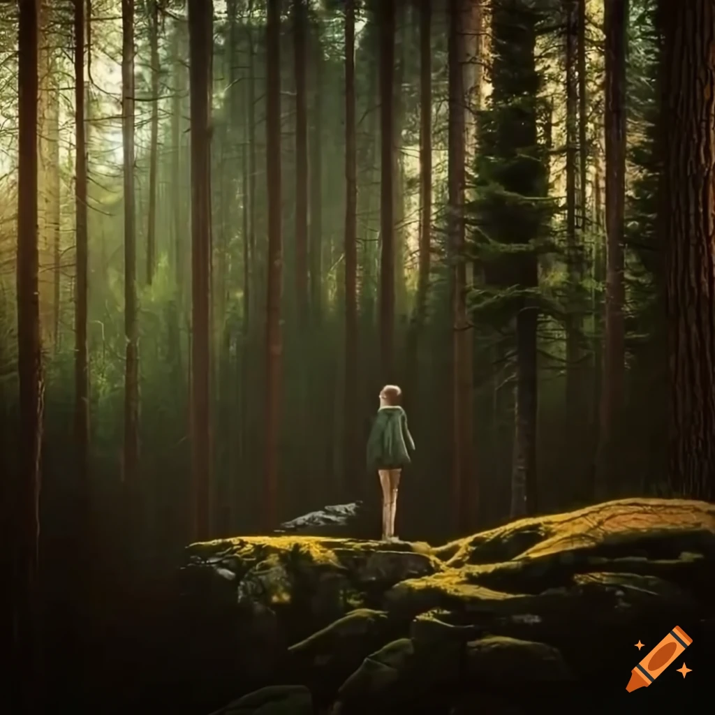 Nostalgic forest with pines and person hiking on rocky hill on Craiyon