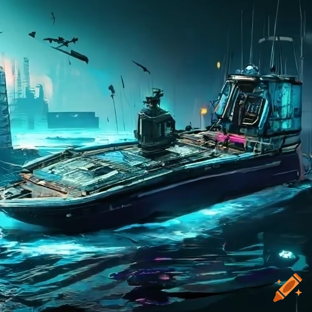 Boat undergoing cyberpunk maintenance on Craiyon
