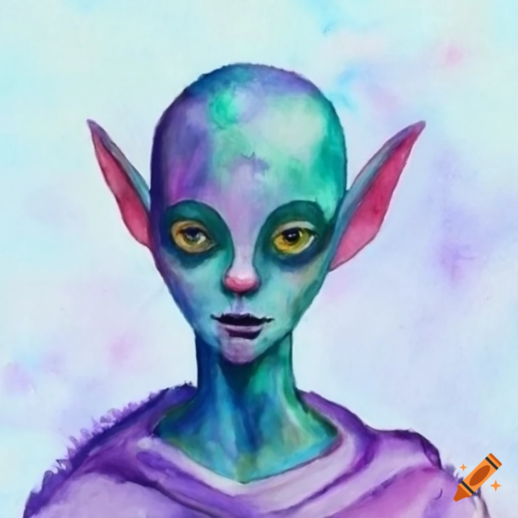 Elf-like alien in monk robes with pale lavender, pink, and blue skin on ...