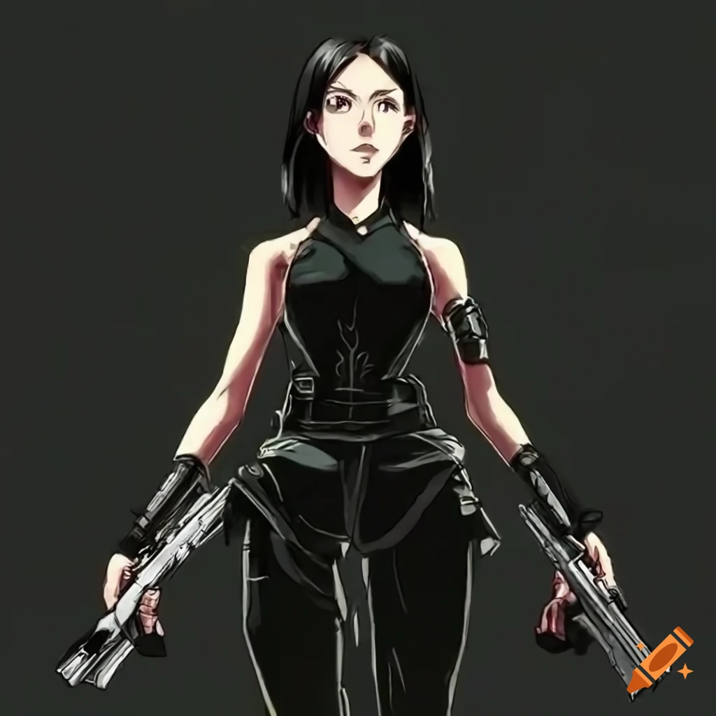 Anime trinity from matrix in martial arts pose with firearms on Craiyon