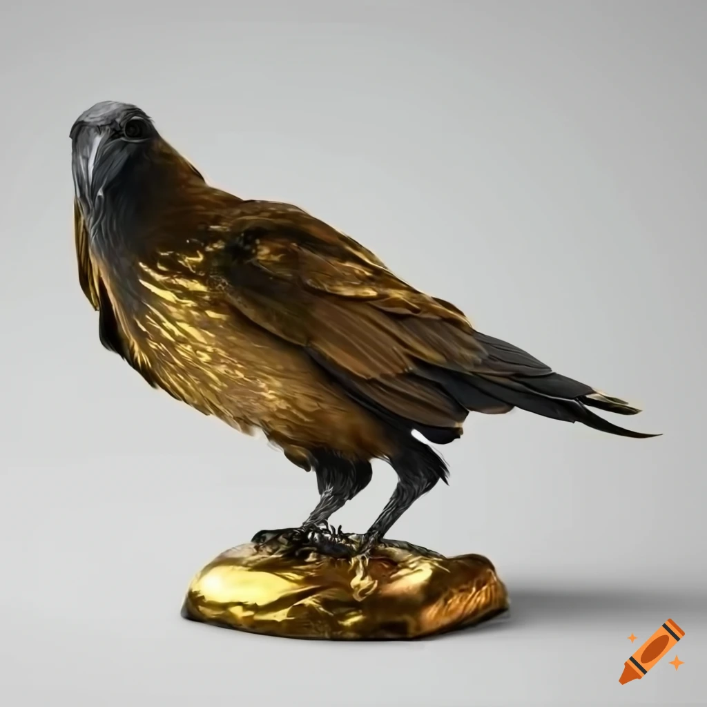 Realistic raven transitioning into a golden reflective statue on Craiyon