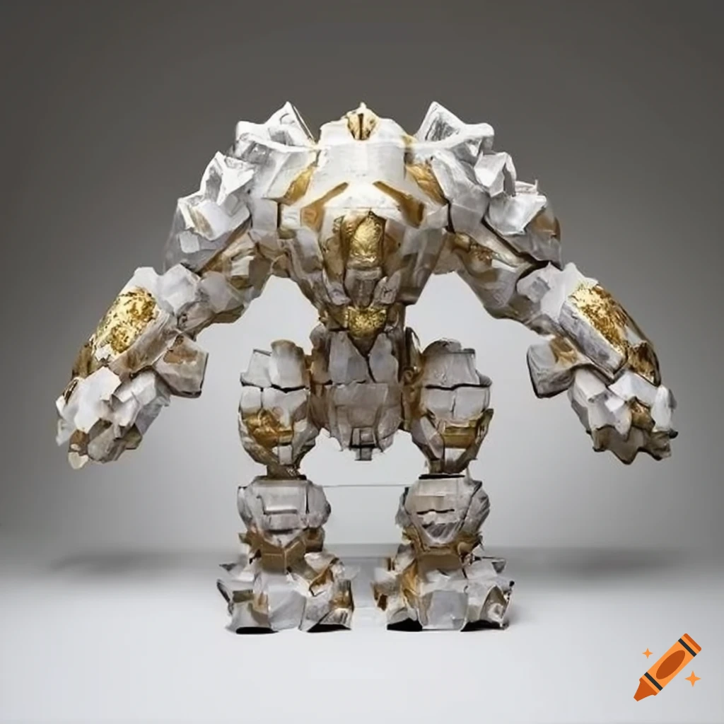 Celestial golem mech crafted from white and gold marble stone on Craiyon