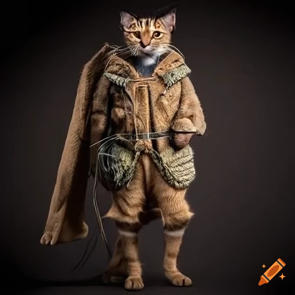 Wise and ancient anthropomorphic cat in safari attire on Craiyon