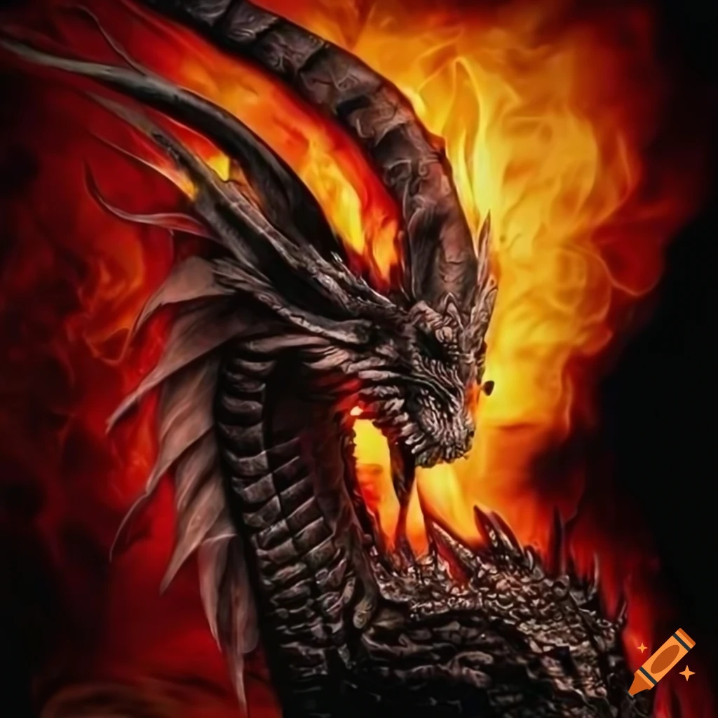 Realistic black and grey ancient dragon portrait with fiery background ...