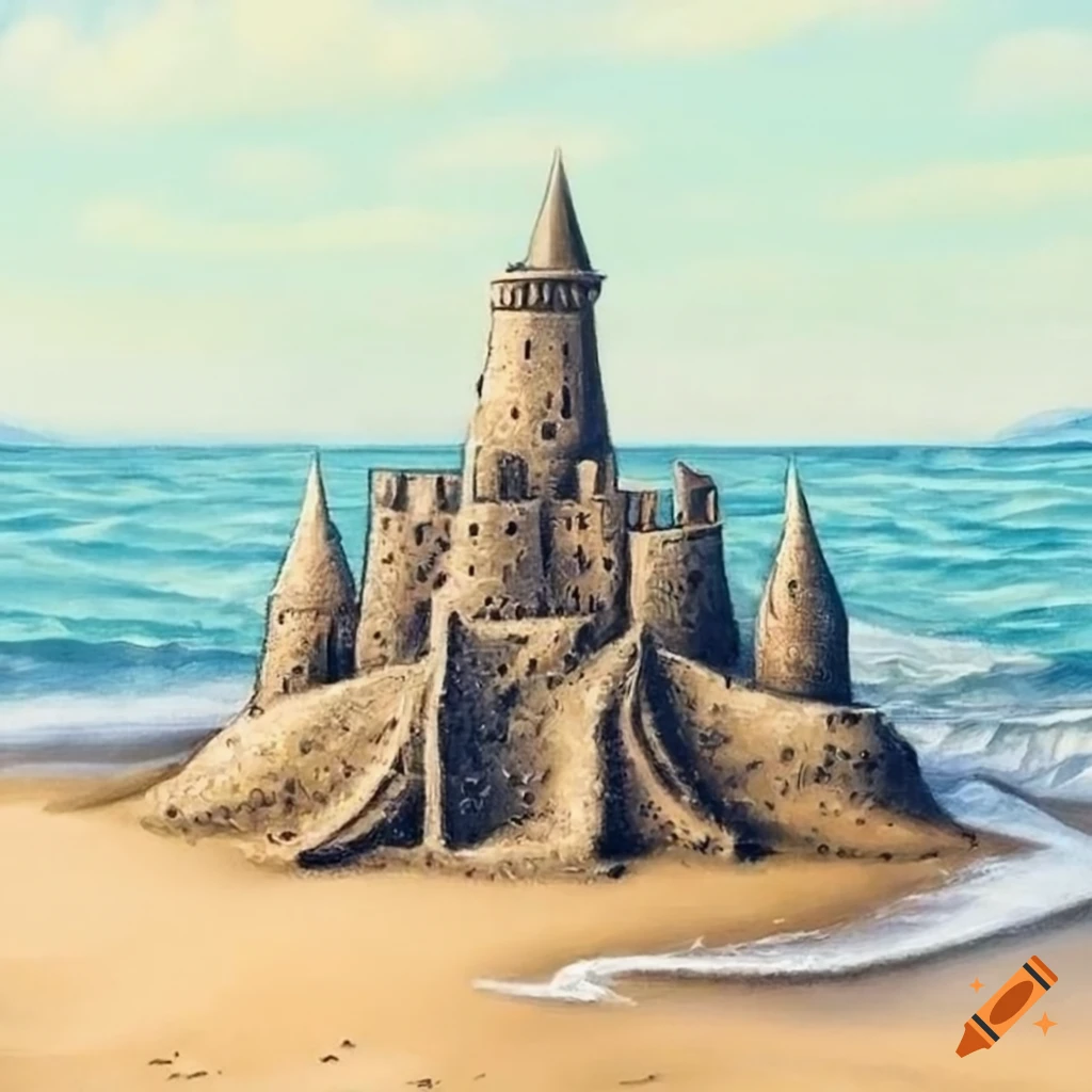 Realistic graphite drawing of intricately detailed sandcastle on a ...
