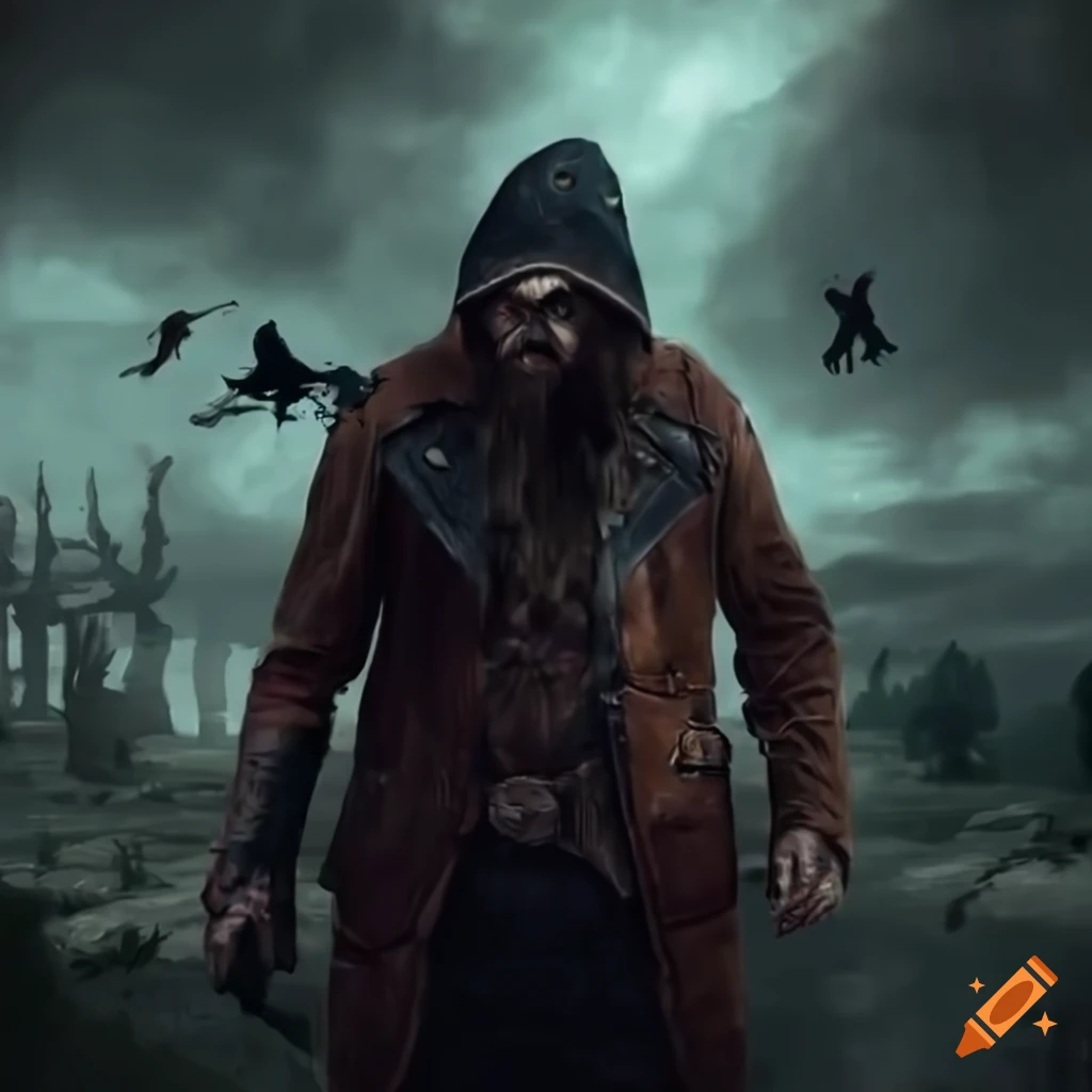 Man in heavy leather holding a crow in a post-apocalyptic landscape on ...