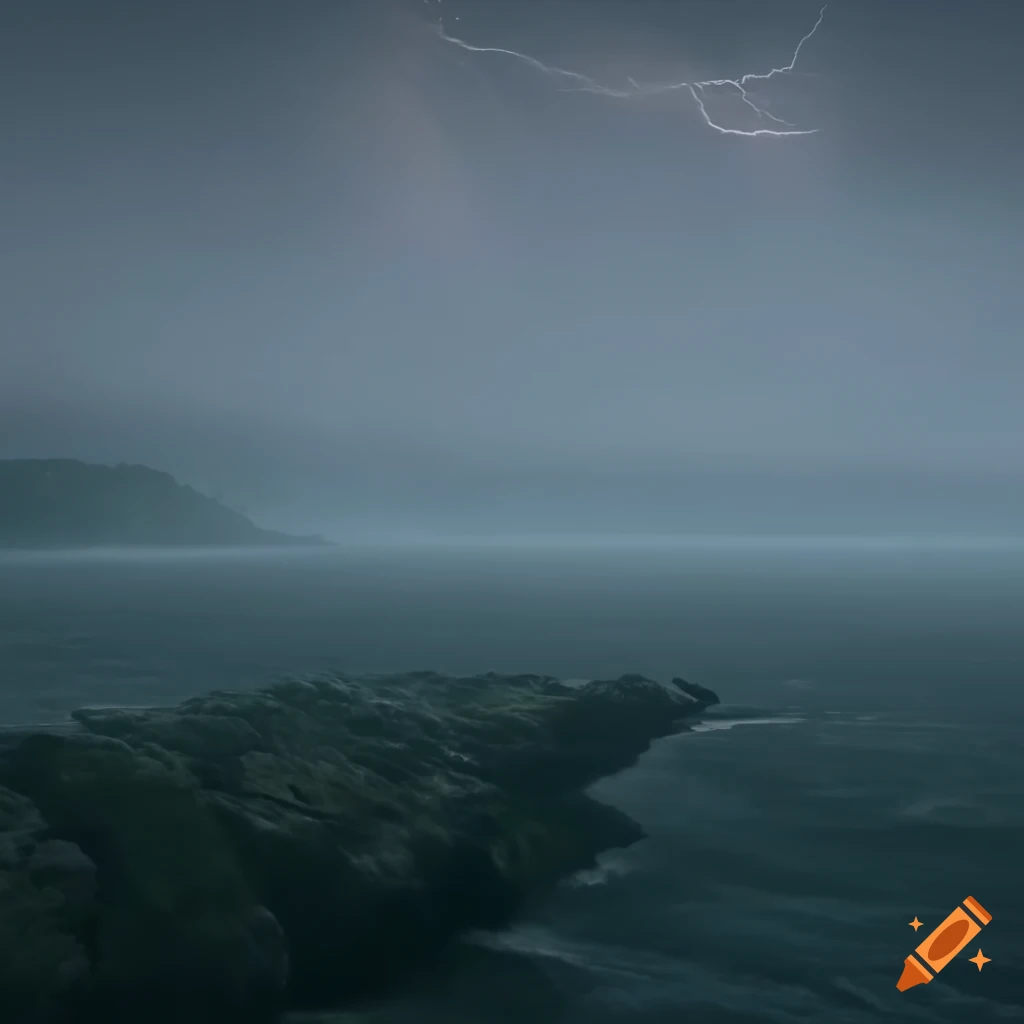 Hazy rocky coastline during a daytime rainstorm with thunder and ...