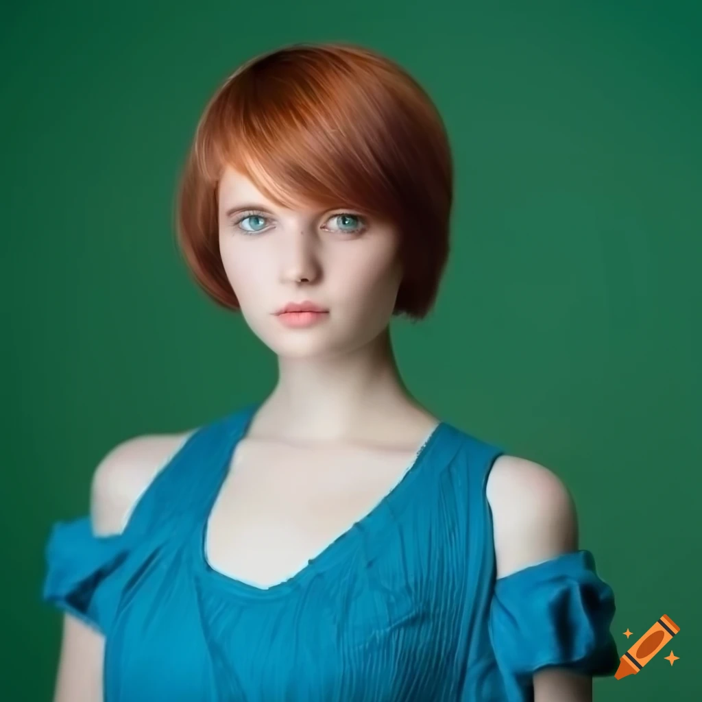 Girl With Short Auburn Hair In A Blue Dress Against A Green Background