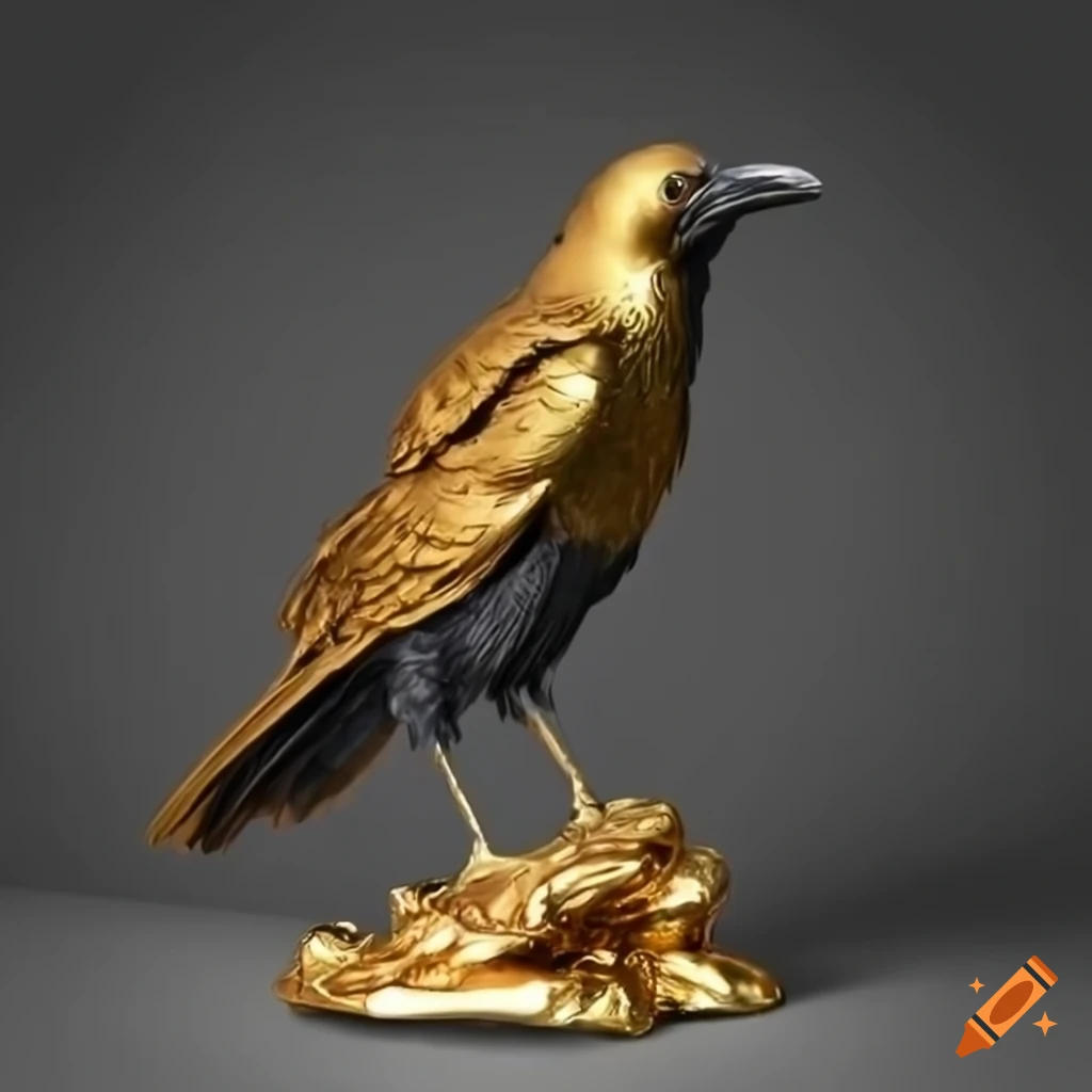 Raven transitioning into golden statue with intricate details on Craiyon