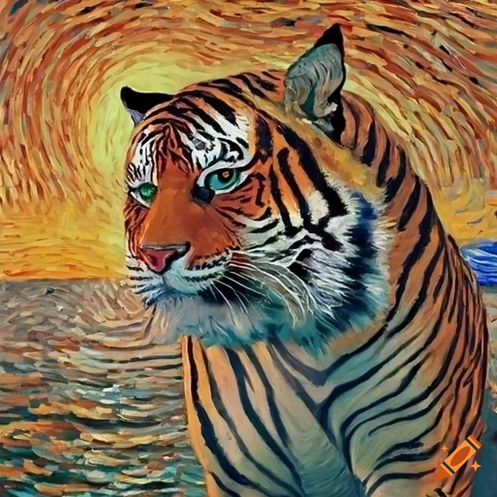 Tiger galloping at sunset with sun rays and sea, artistically painted ...