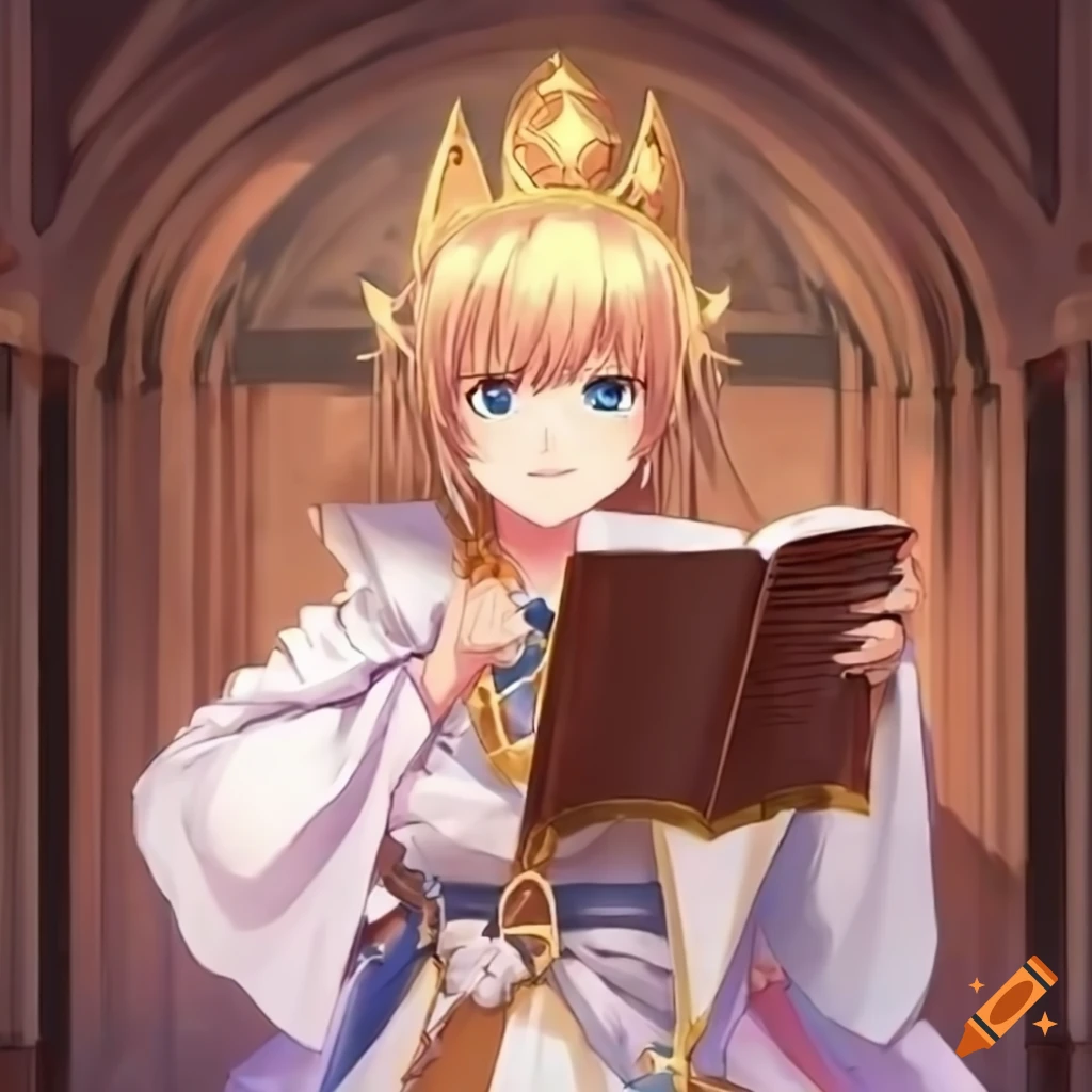 Fantasy noble librarian queen mage teaching and holding books on Craiyon